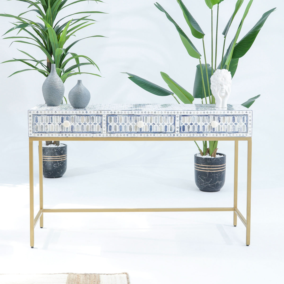 MOSAIC-BLUE INLAY THREE DRAWER CONSOLE TABLE